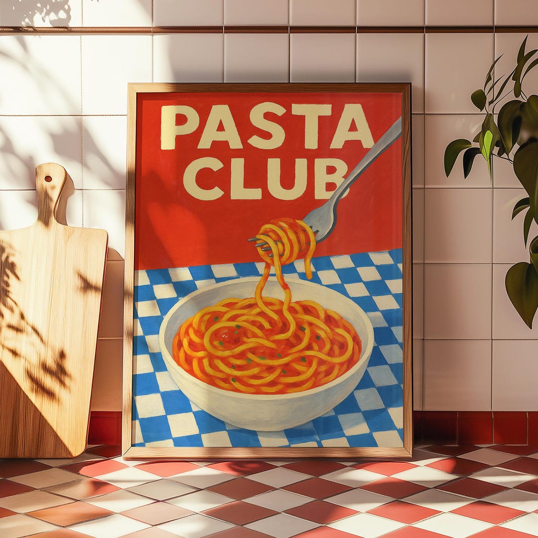 Pasta Club Digital Art Print, Bold Retro Spaghetti Wall Art, Fun ...