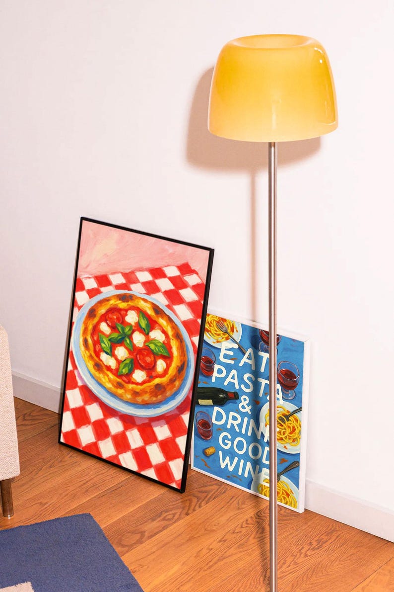 Pepperoni Pizza Digital Art Print, Retro Italian Kitchen Wall Art, Red ...