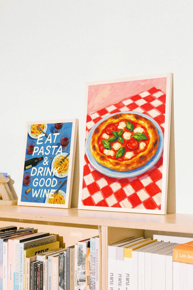 Pepperoni Pizza Digital Art Print, Retro Italian Kitchen Wall Art, Red ...