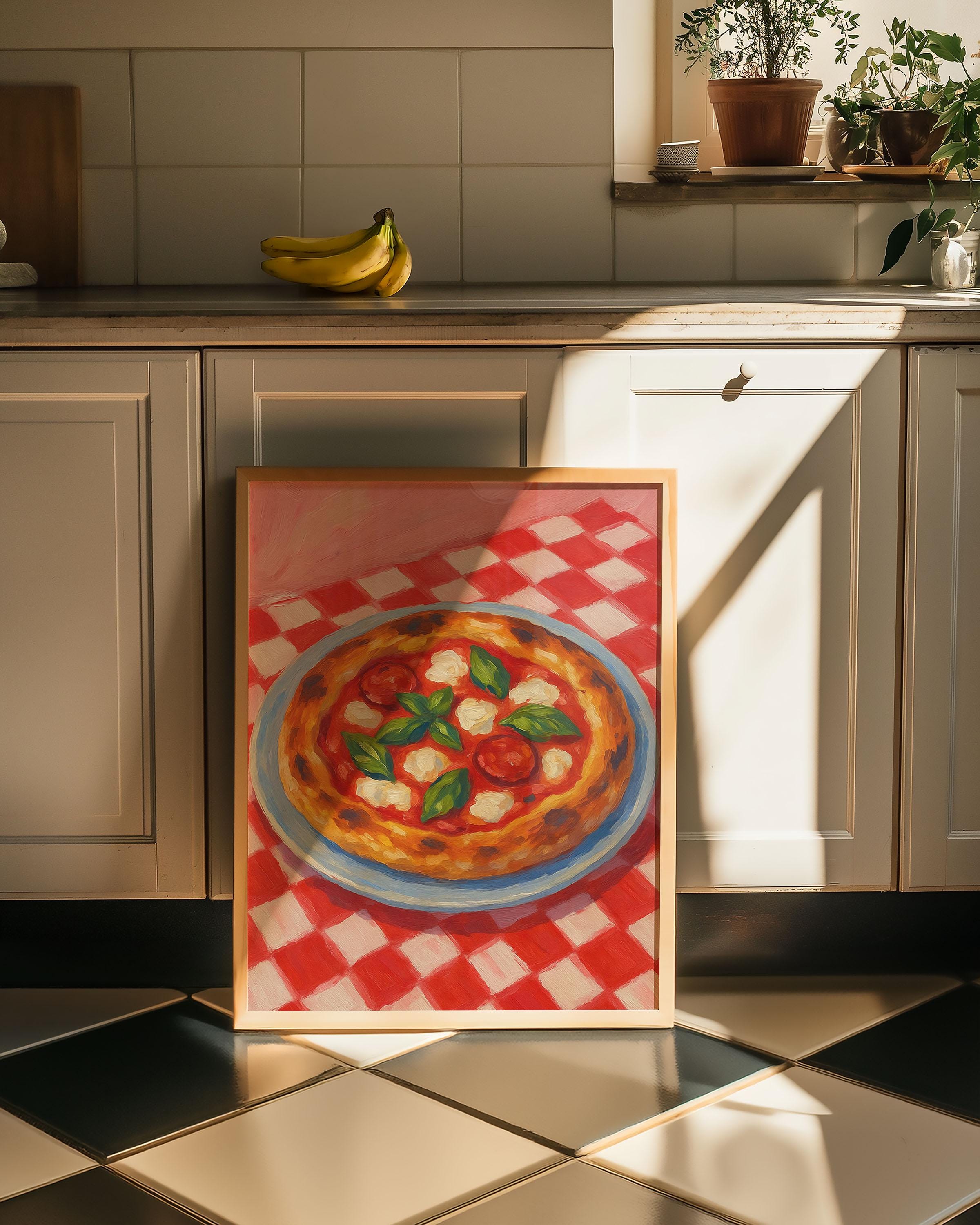 Pepperoni Pizza Digital Art Print, Retro Italian Kitchen Wall Art, Red ...