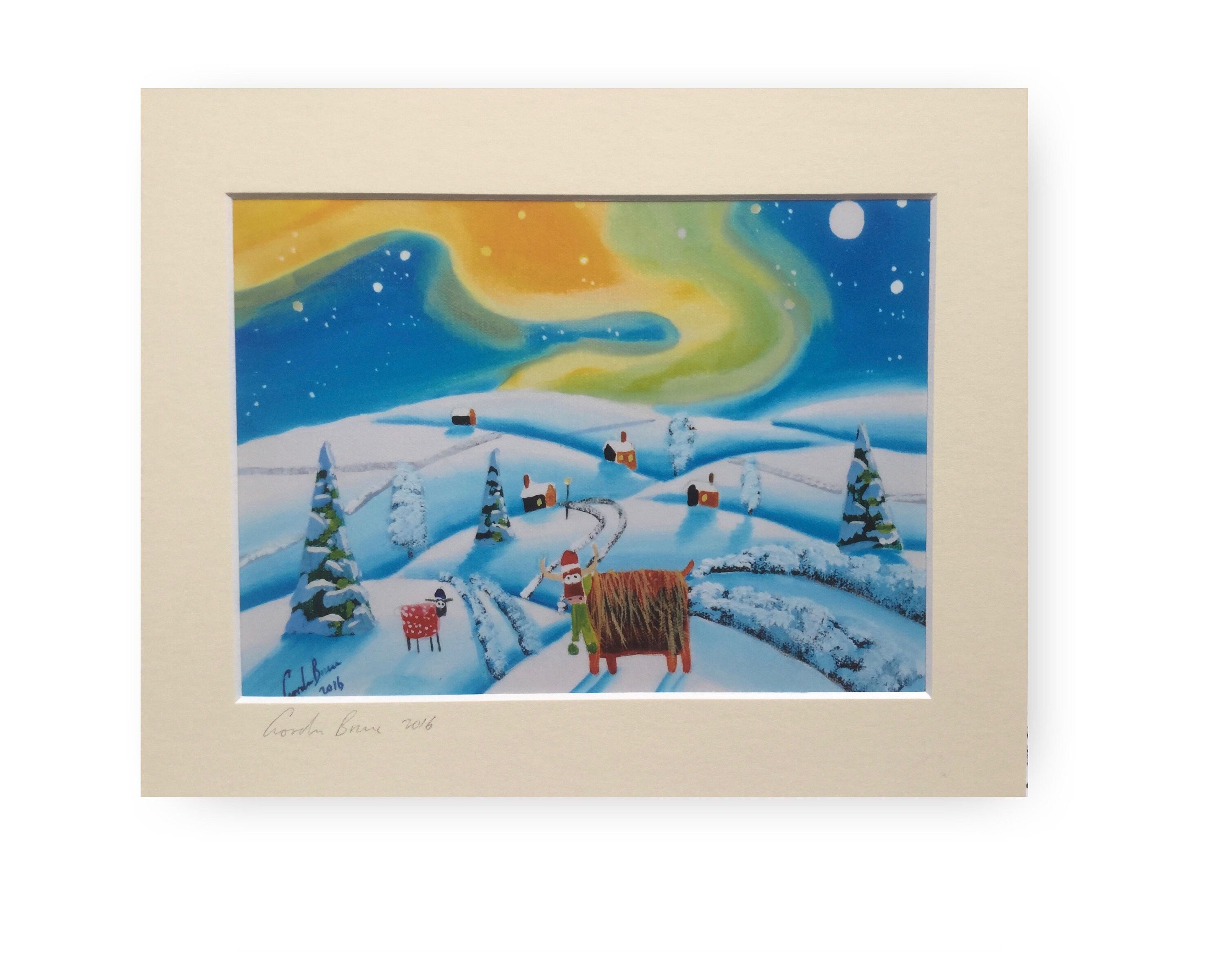 Folk art Cow print Highland cow and sheep winter animals | Etsy