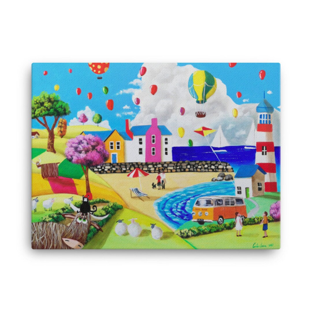 Naive Art Canvas Print, Coastal Lighthouse Scene, Colourful Home Decor ...