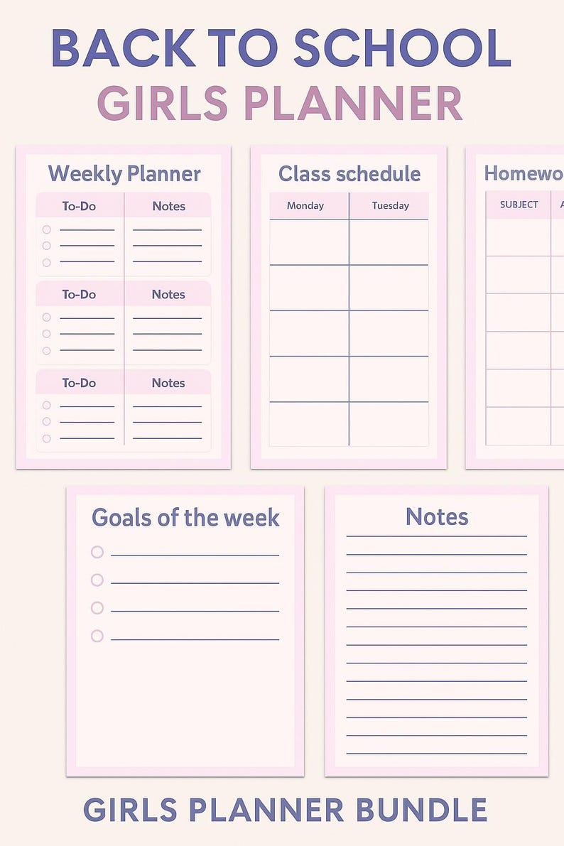 Back to School Girls Planner Bundle - Printable Weekly Schedule ...