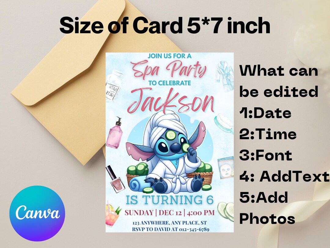 Personalized Stitch Spa Party Invitation: Editable Birthday Invite (PDF ...