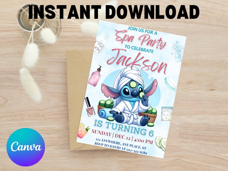 Personalized Stitch Spa Party Invitation: Editable Birthday Invite (PDF ...