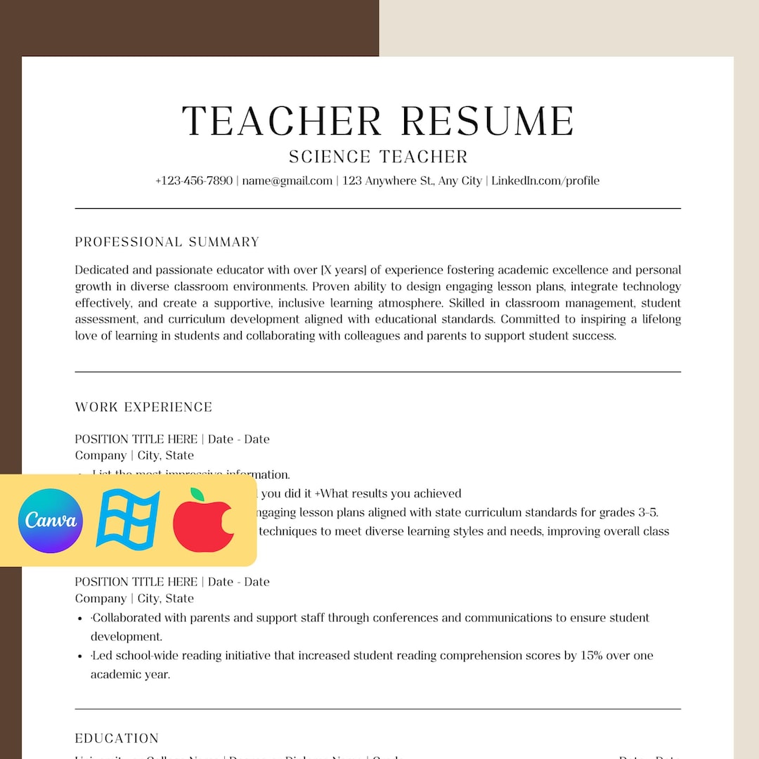 Teacher CV Template, Teacher Resume and Cover Letter, Teacher Resume ...