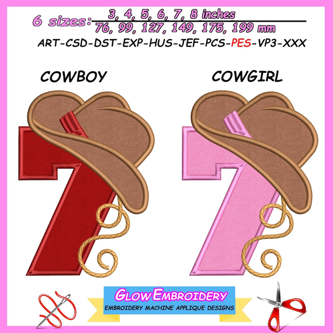 7th Birthday Cowboy and Cowgirl Number Applique Embroidery Design ...