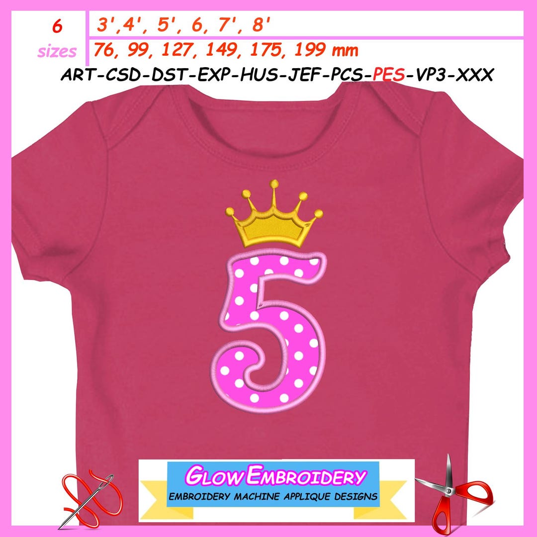 5th Birthday Number Crown Applique Embroidery Design, Number 5 Princess ...