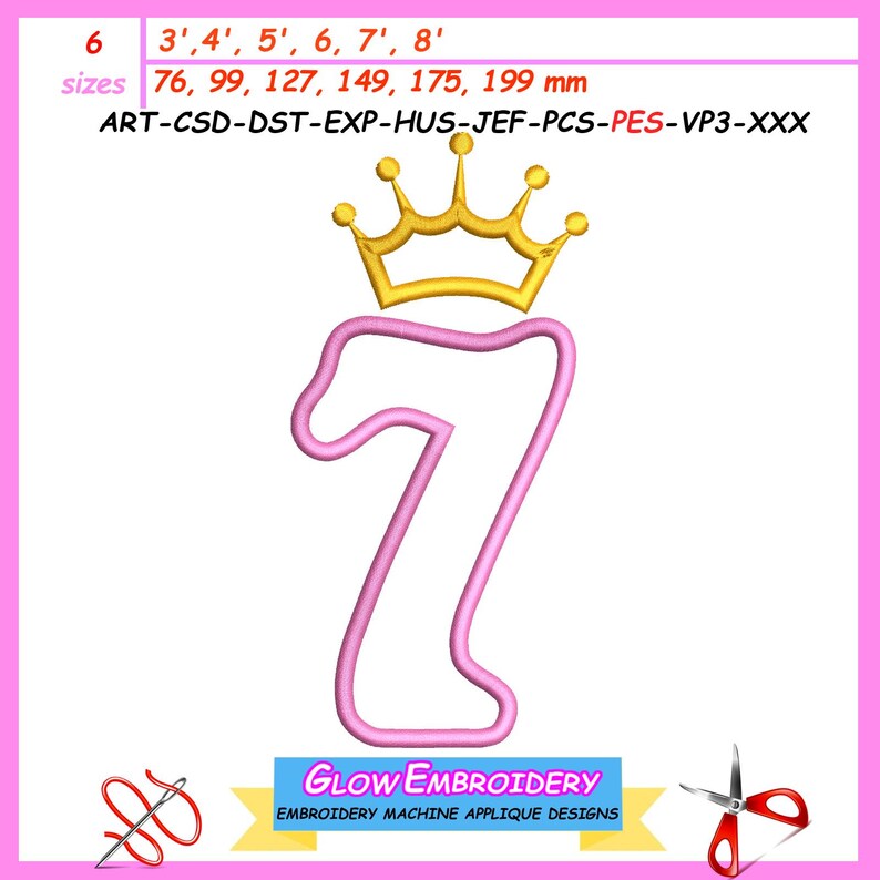 7th Birthday Number Crown Applique Embroidery Design, Number 7 Princess ...