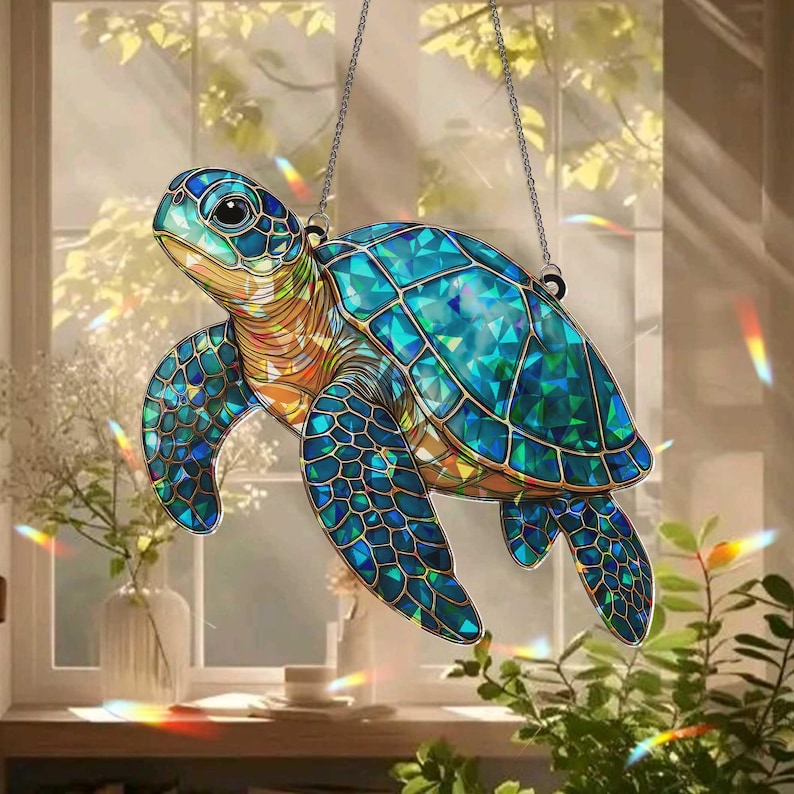 Sea Turtle Window Hanging, Ocean Holographic Suncatcher, Coastal Marine ...