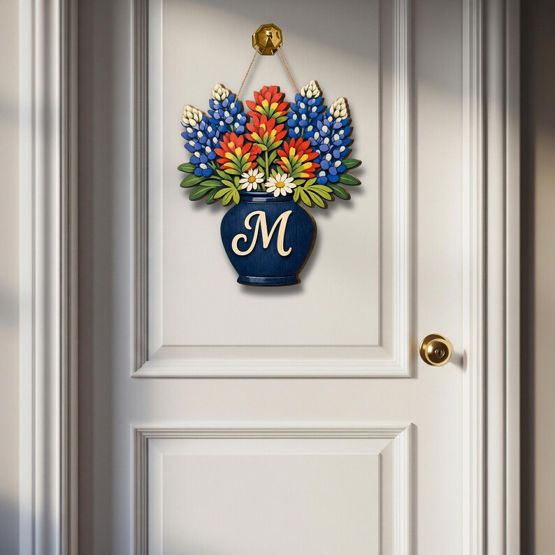Personalized Floral Wooden Door Sign Monogram Vase Wildflower Wall ...