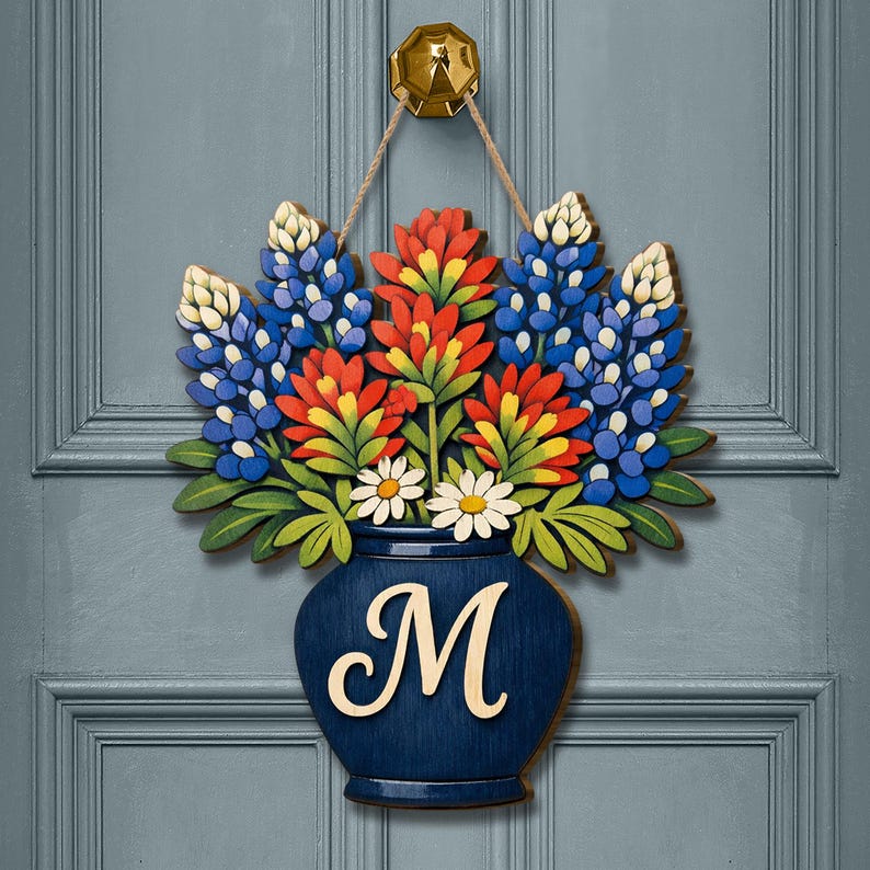 Personalized Floral Wooden Door Sign Monogram Vase Wildflower Wall ...