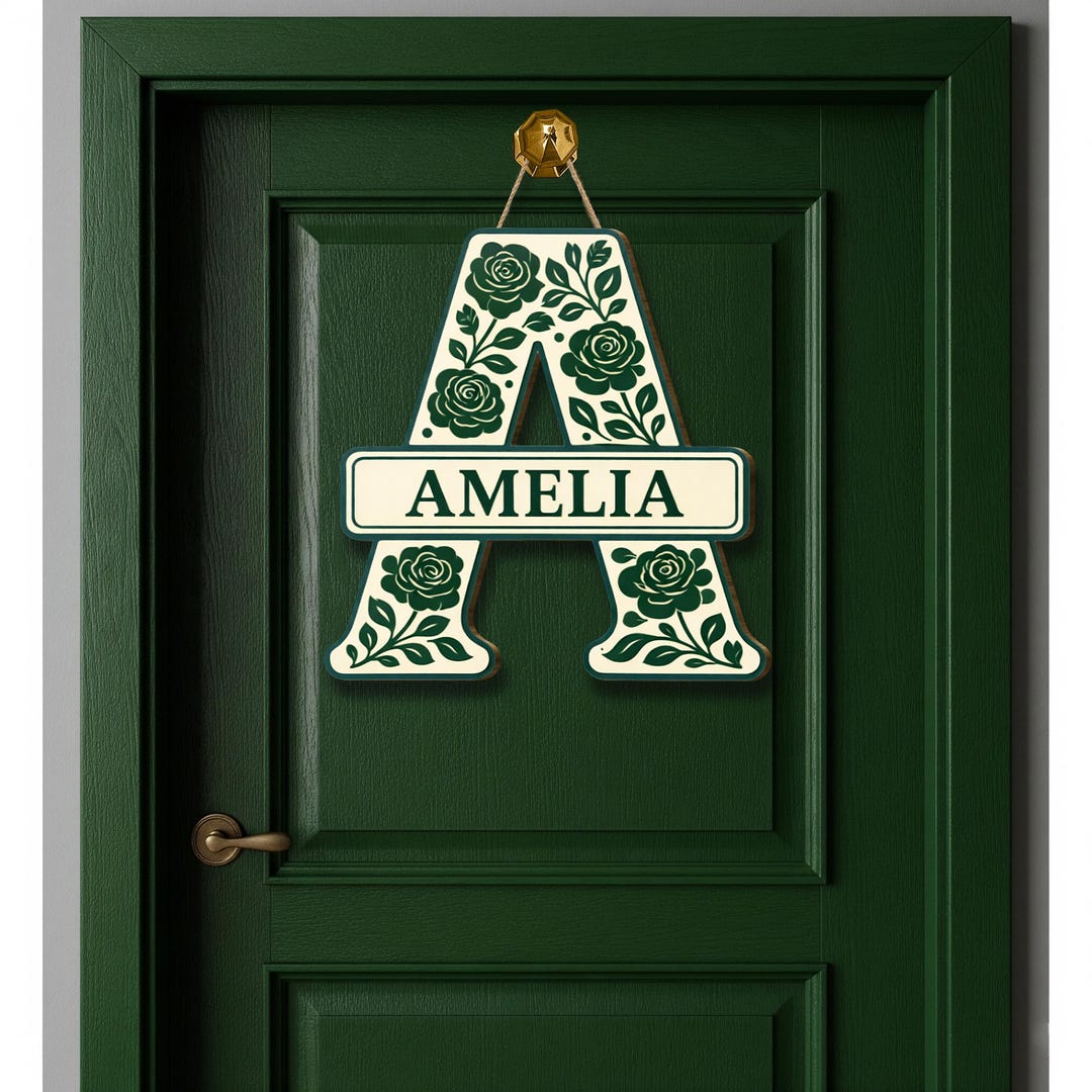 Personalized Floral Letter Door Sign: Custom Initial Wall Decor, Green ...