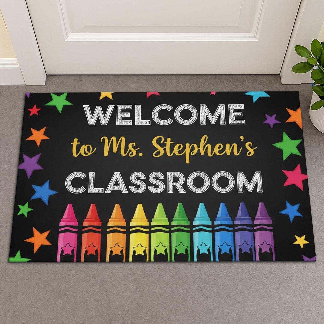Welcome Classroom Doormat: Crayon Theme Teacher Rug With Rainbow Stars ...