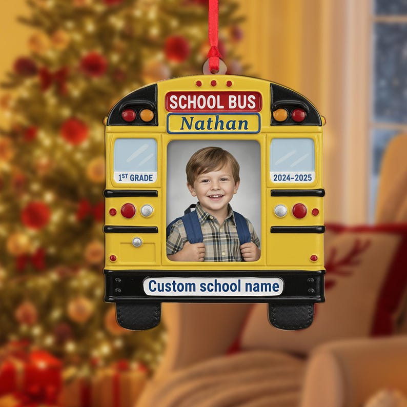 Personalised School Bus Photo Ornament – Custom Name and Year Tree ...