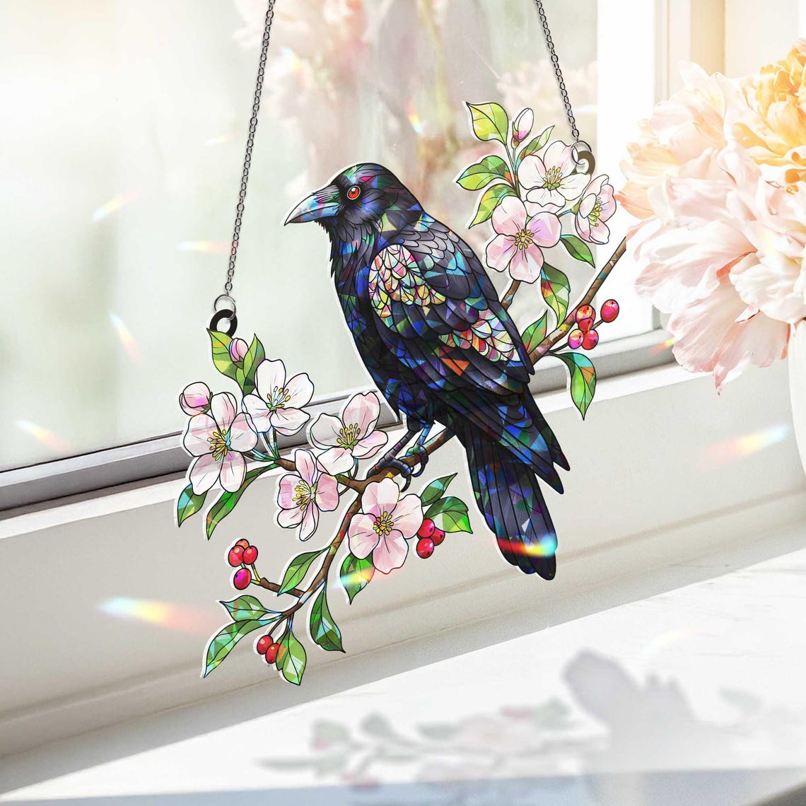 Hologram Raven Window Hanging – Stained Glass Look Sun Catcher With ...