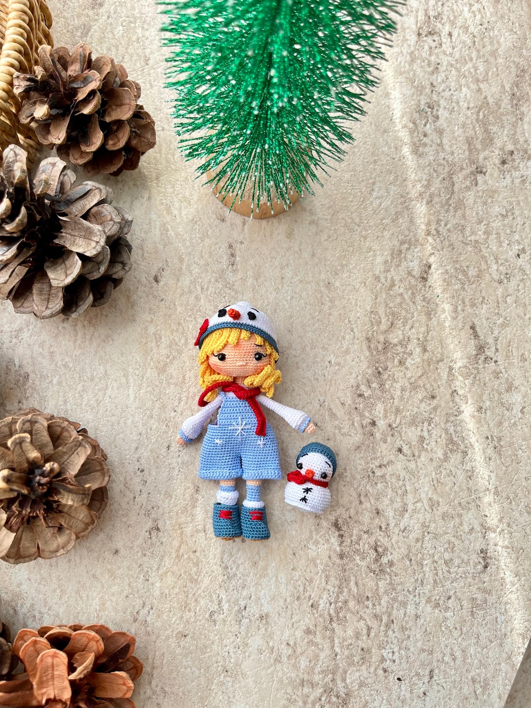 Handmade Amigurumi Snow Girl Doll With Snowman Companion (approx. 9cm ...
