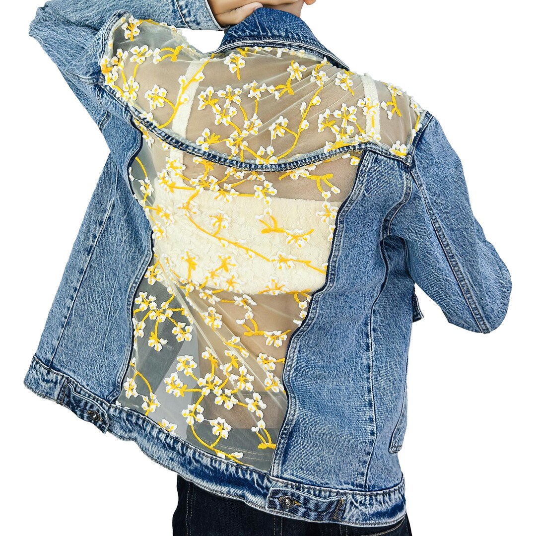 Denim Jacket With Embroidered Mesh Back, Handmade Art, Boho Style ...