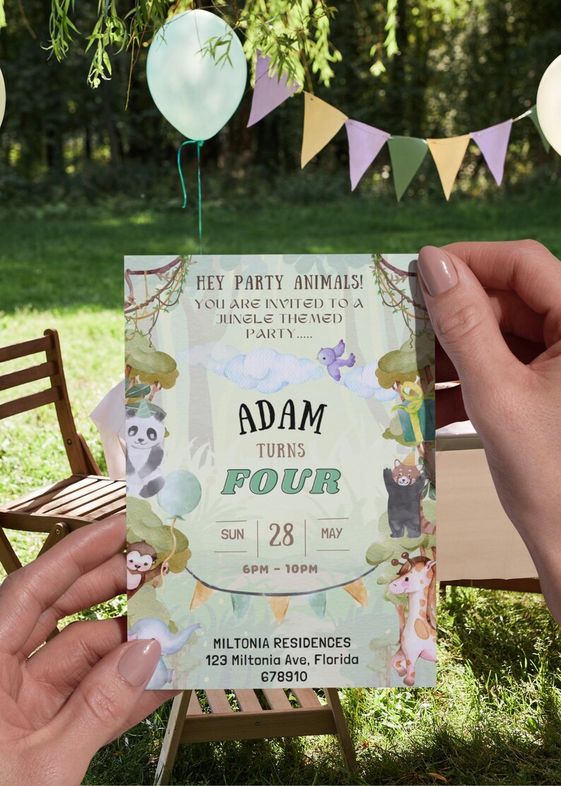 EDITABLE Cute Jungle Forest Party Animals Birthday Invitation Tiger ...