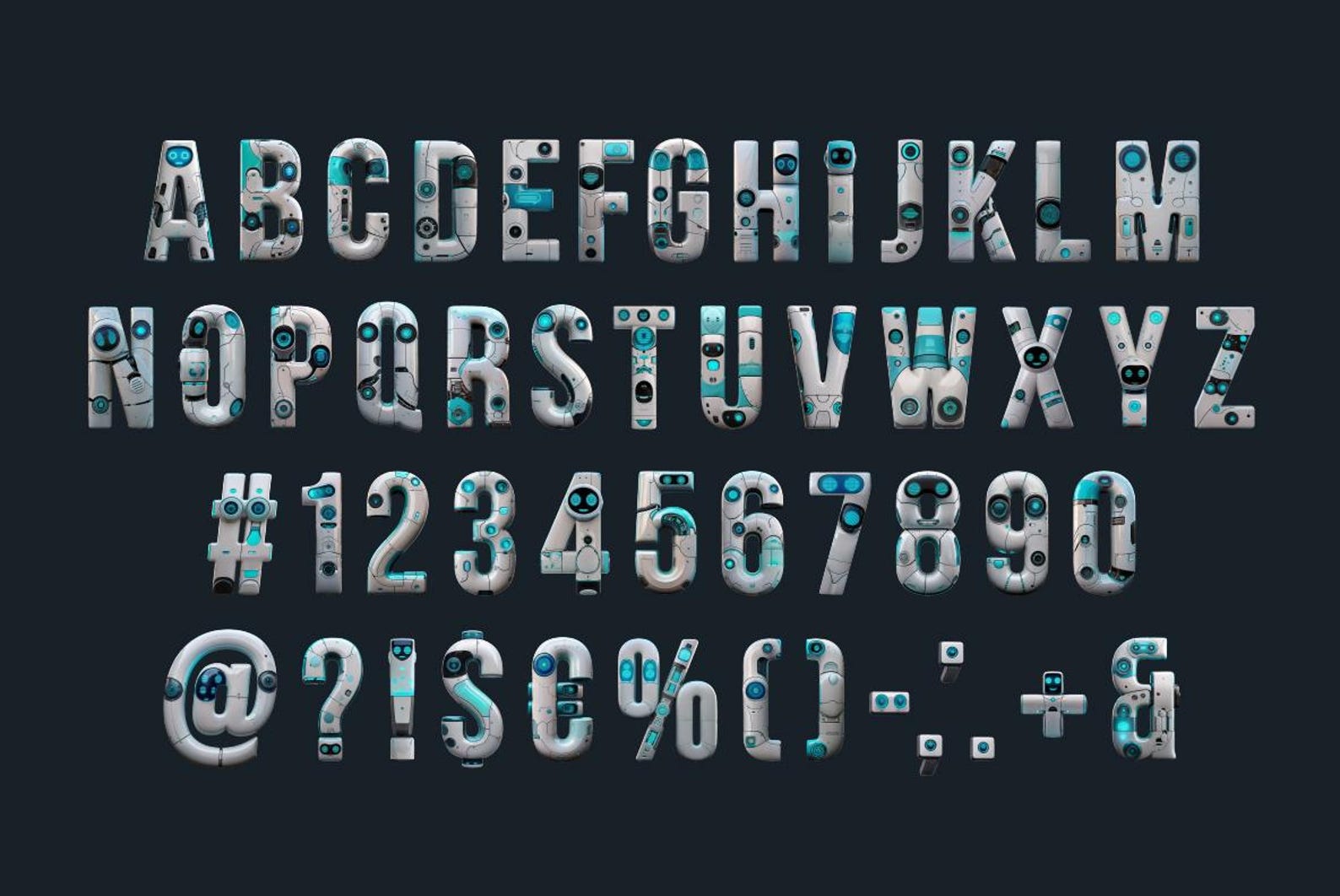 Robot Alphabet. Letters, Numbers and Punctuation Marks. PNG Set. Cute ...