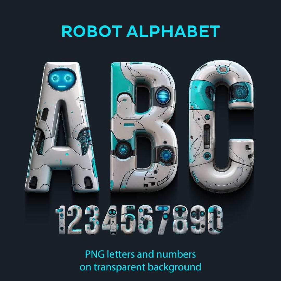 Robot Alphabet. Letters, Numbers and Punctuation Marks. PNG Set. Cute ...