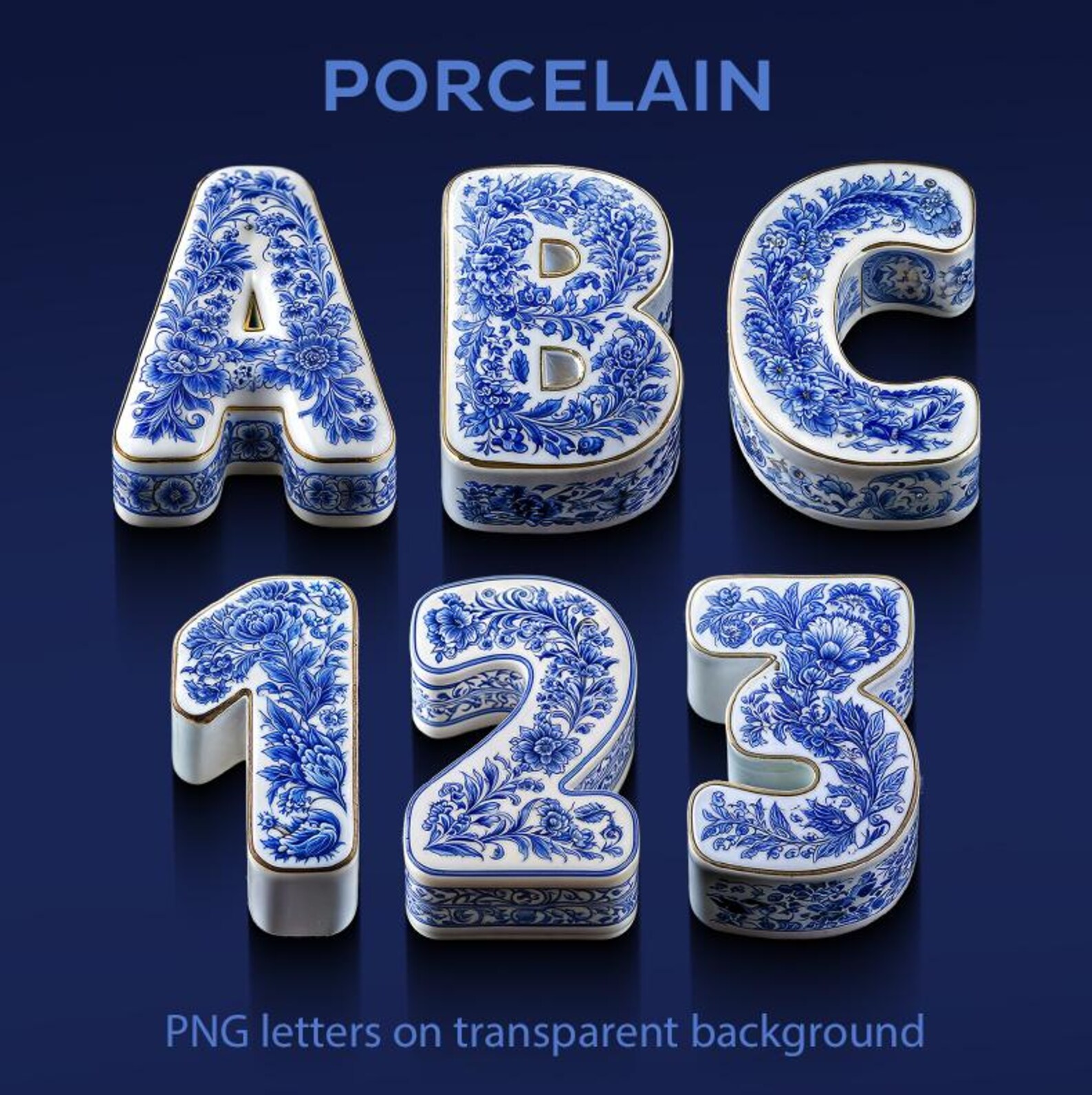 Blue Floral Porcelain Alphabet: PNG Letters & Numbers (digital Download ...