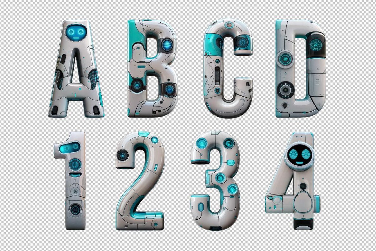 Robot Alphabet. Letters, Numbers and Punctuation Marks. PNG Set. Cute ...