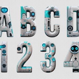 Robot Alphabet. Letters, Numbers and Punctuation Marks. PNG Set. Cute ...