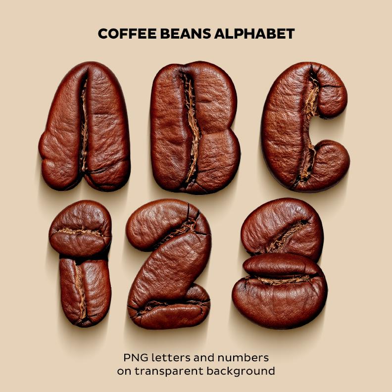 Coffee Beans Alphabet. PNG Set. Letters, Numbers, and Basic Punctuation ...