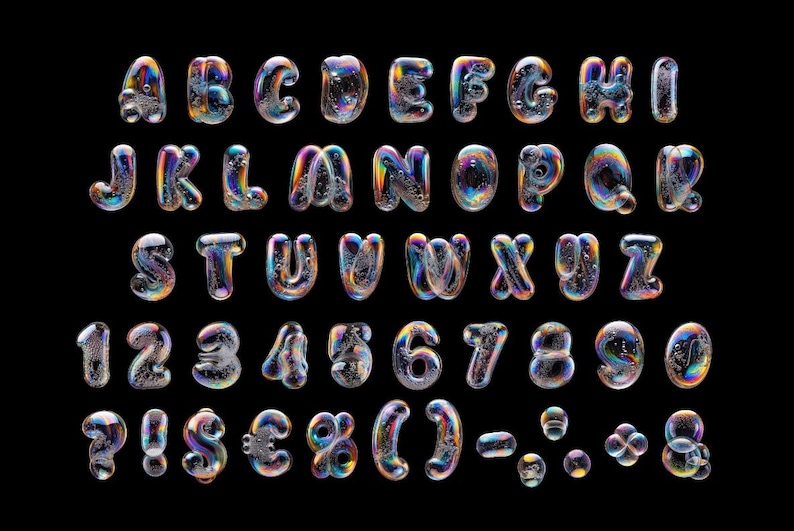 Soap Bubbles Alphabet. Letters, Numbers, and Basic Punctuation Marks ...
