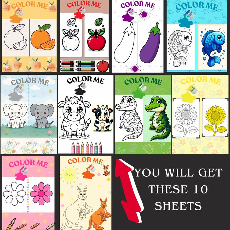10 Printable Kids Coloring Pages | Learn Colors | Fruits, Animals ...