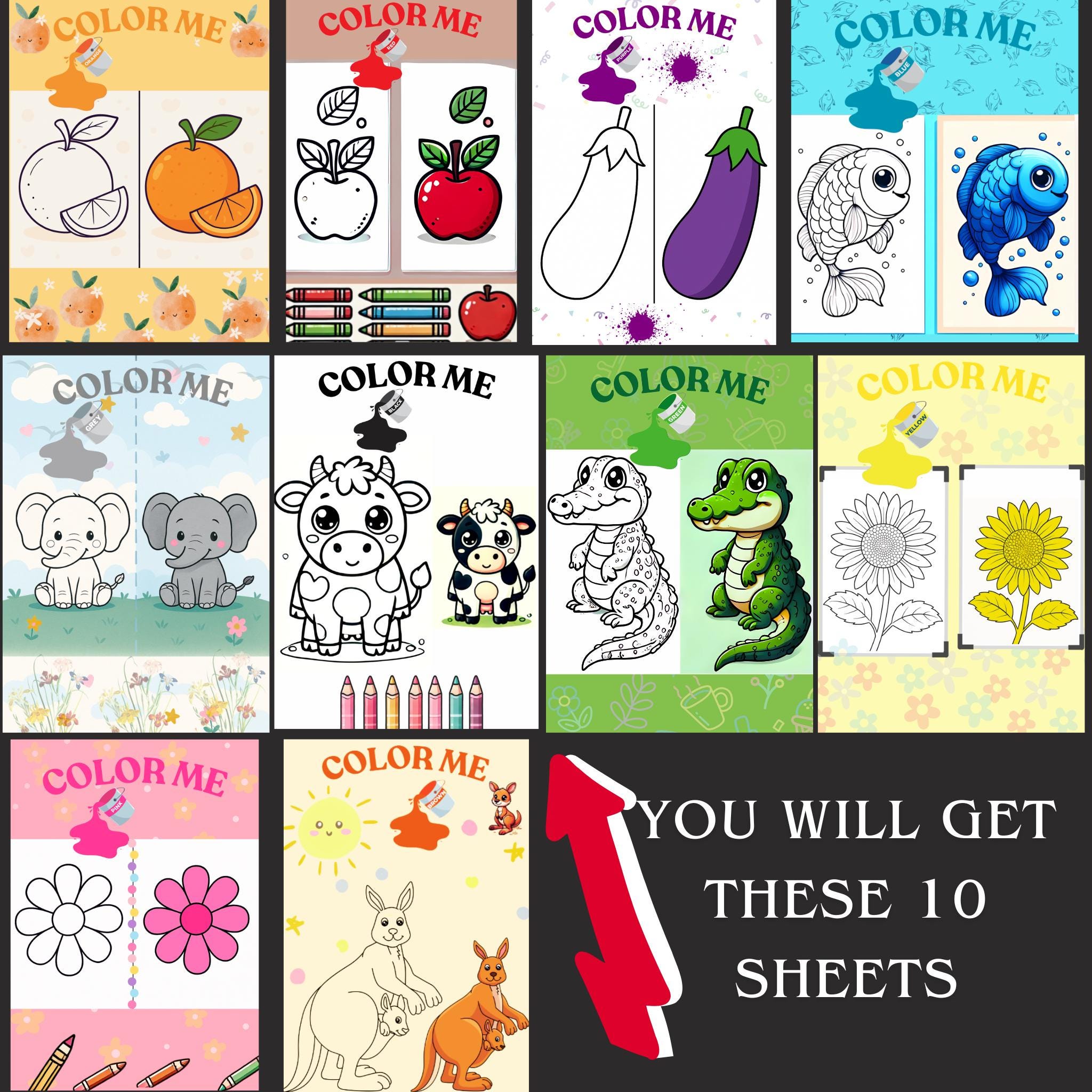 10 Printable Kids Coloring Pages | Learn Colors | Fruits, Animals ...