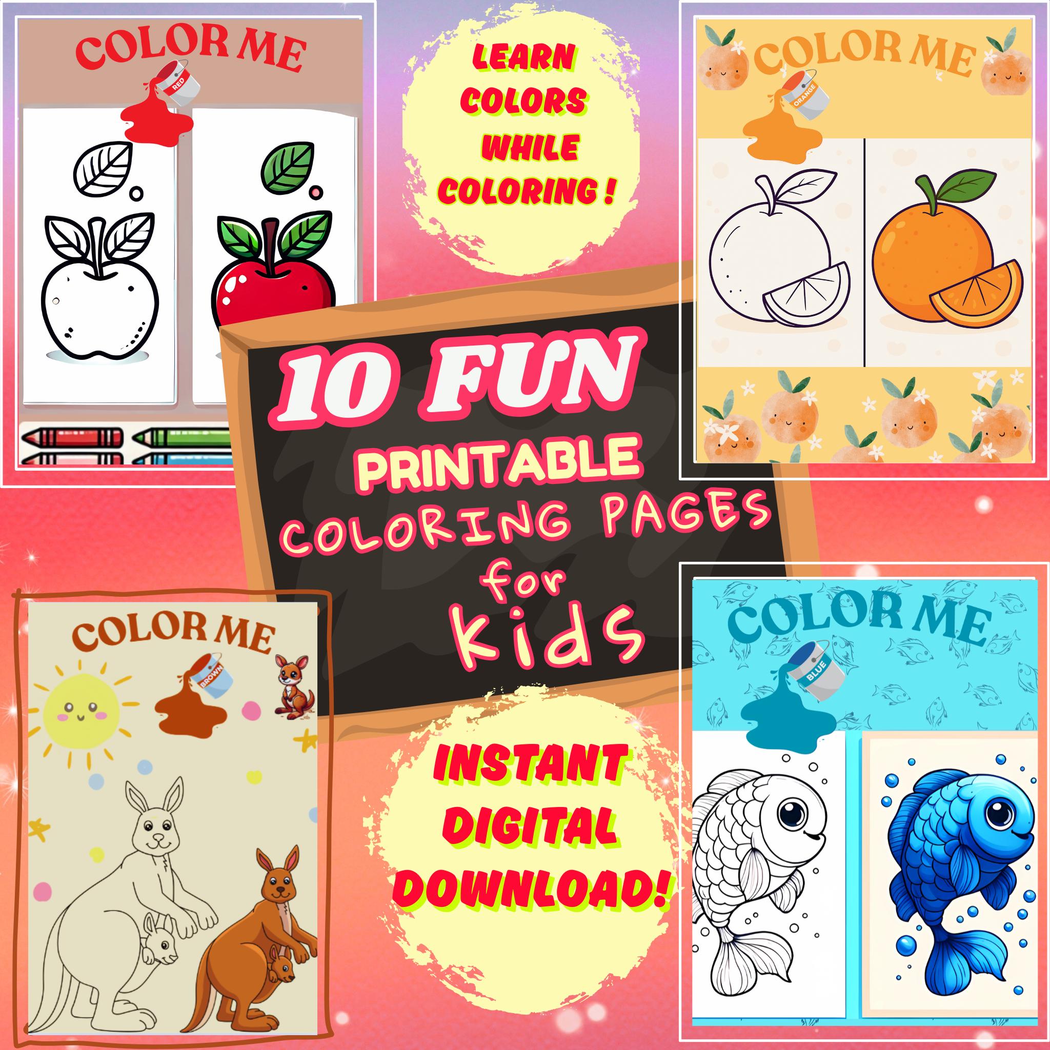 10 Printable Kids Coloring Pages | Learn Colors | Fruits, Animals ...