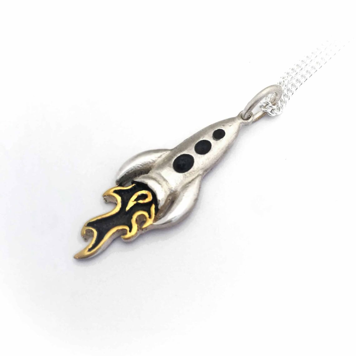 Retro Rocket Pendant With Gold Flames - Sterling Silver - Sci-fi ...