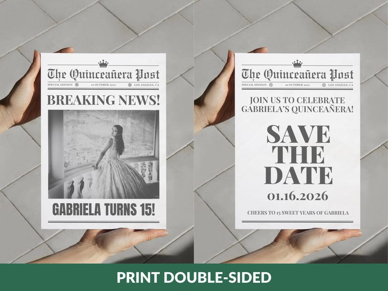 Quinceañera Save the Date Newspaper Template: Personalized Sweet 15 ...
