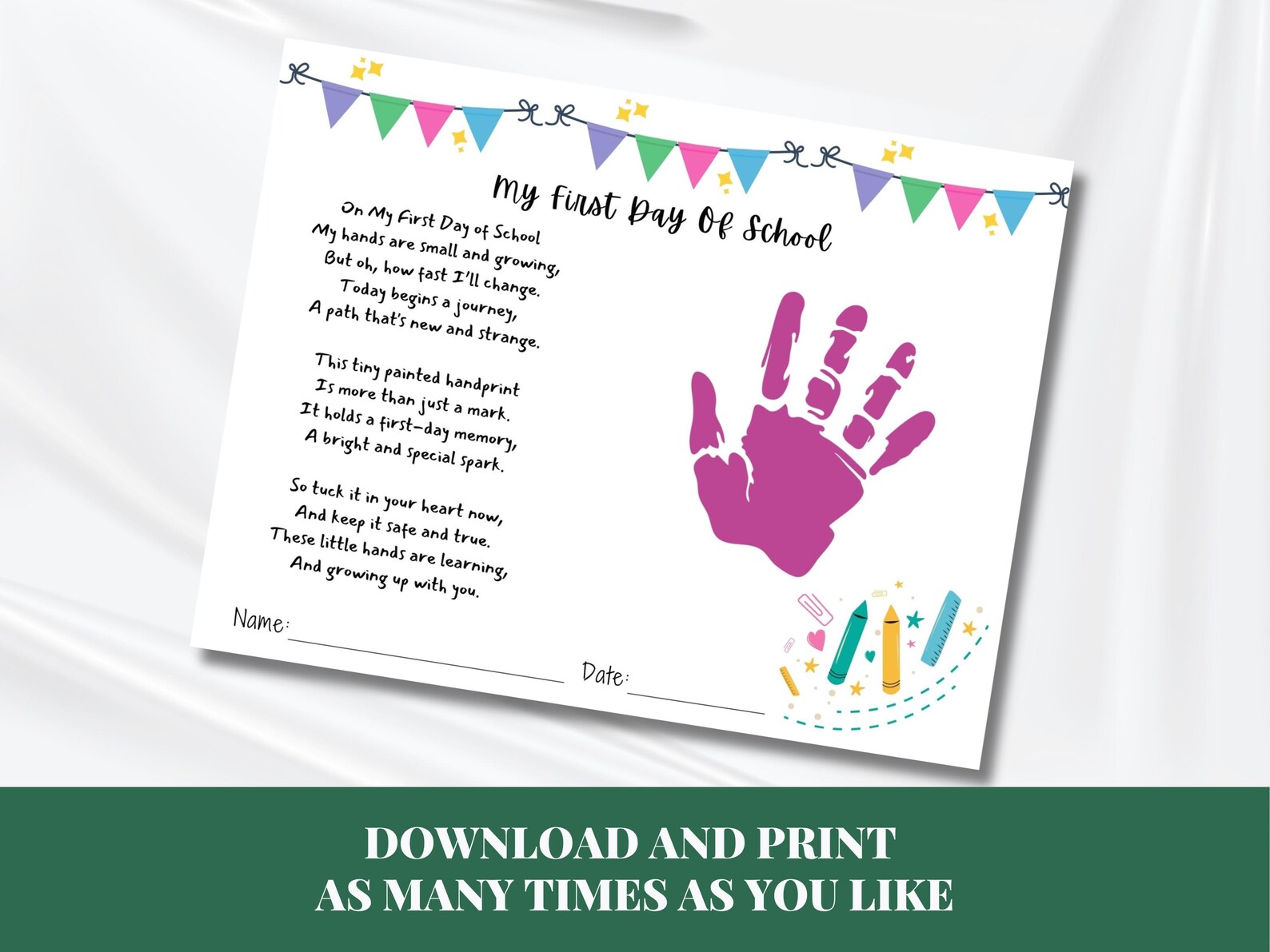 First Day of School Hand Craft, Back to School Printable Kids Keepsake ...