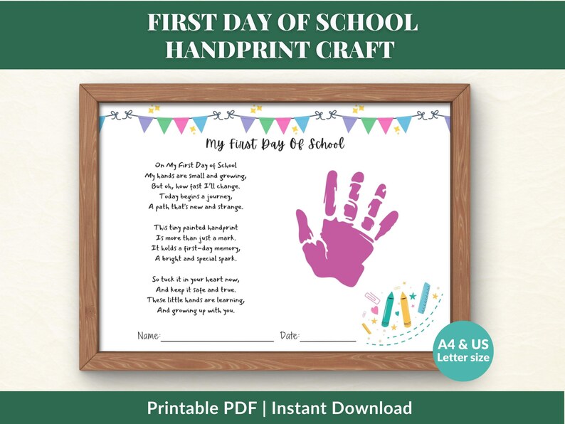 First Day of School Hand Craft, Back to School Printable Kids Keepsake ...