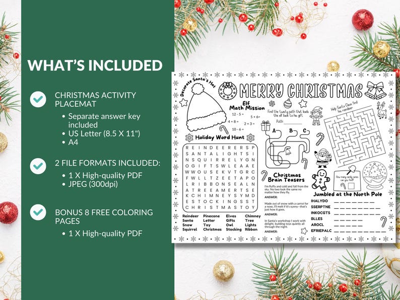 Christmas Activity Placemat Printable for Kids | Holiday Table Games - Etsy