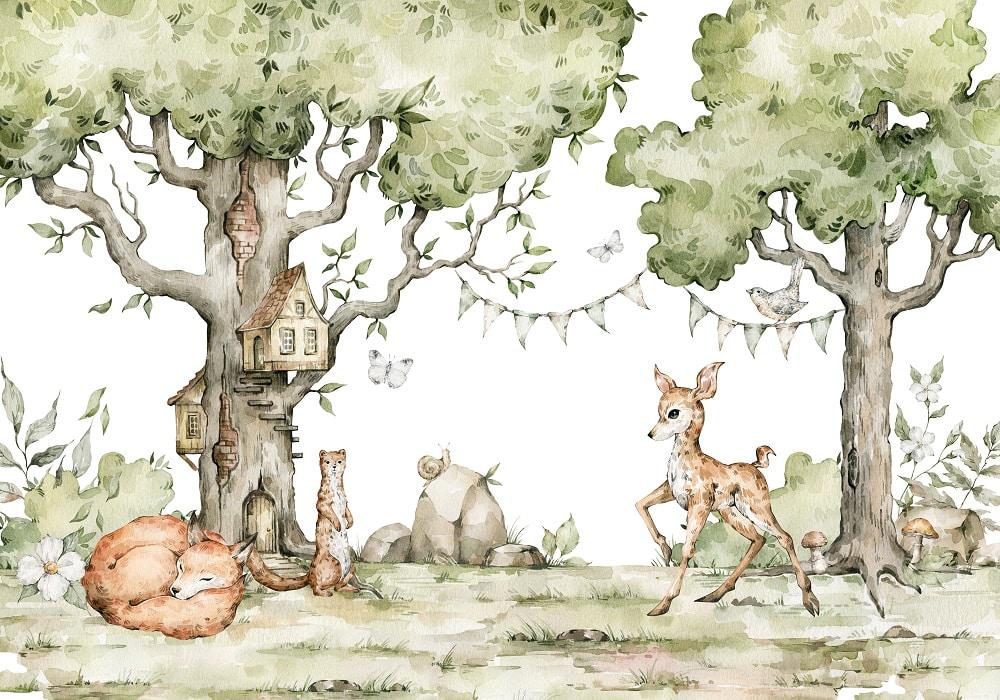 Wall Mural Kids Wallpaper Forest, Doe and Fox - Etsy