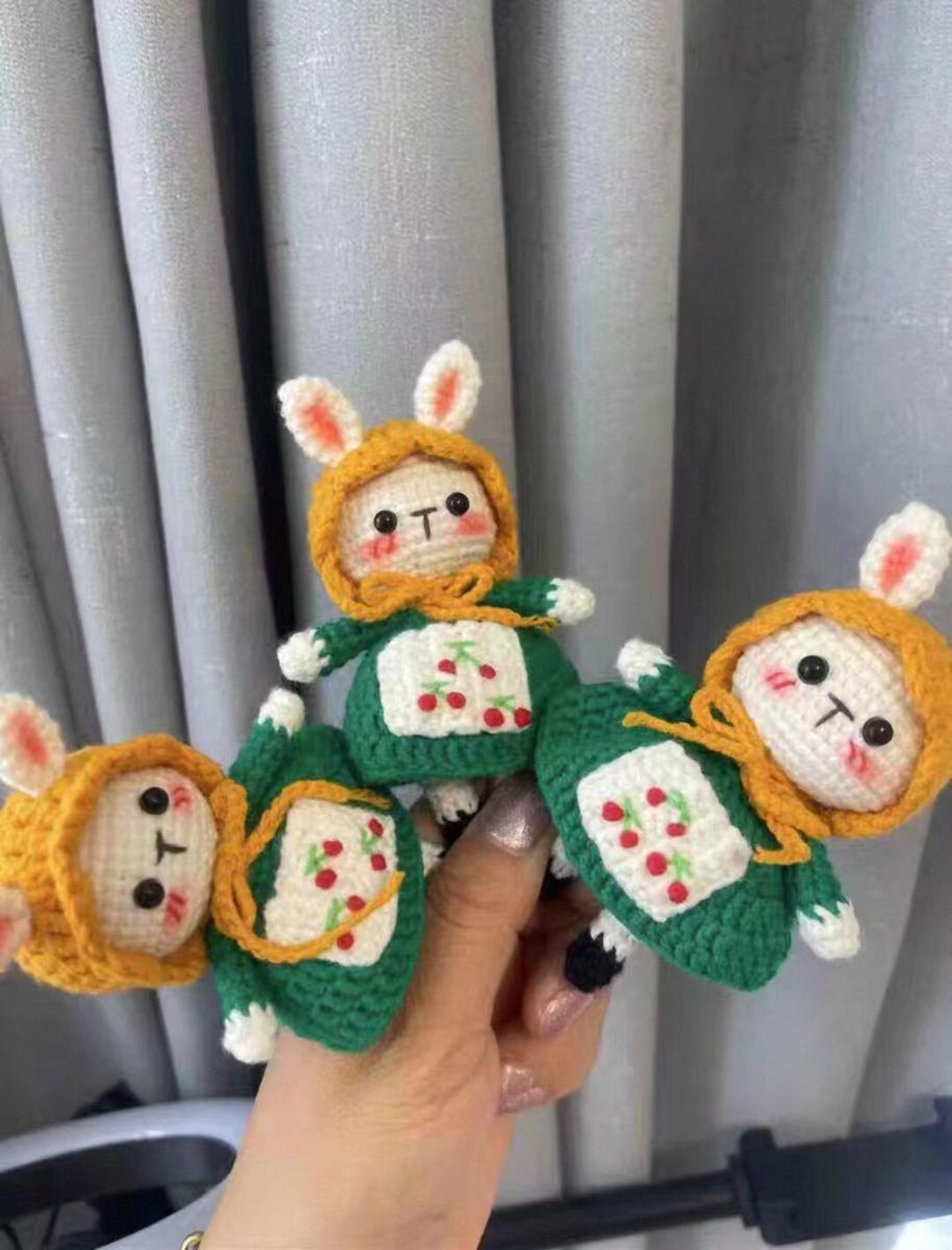 Crochet Bunny Doll Keychain: Handmade Green Dress Bag Charm - Etsy