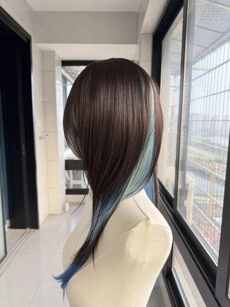 Dark Brown Highlighted Ombre Blue-green Straight Wig | Medium-length ...