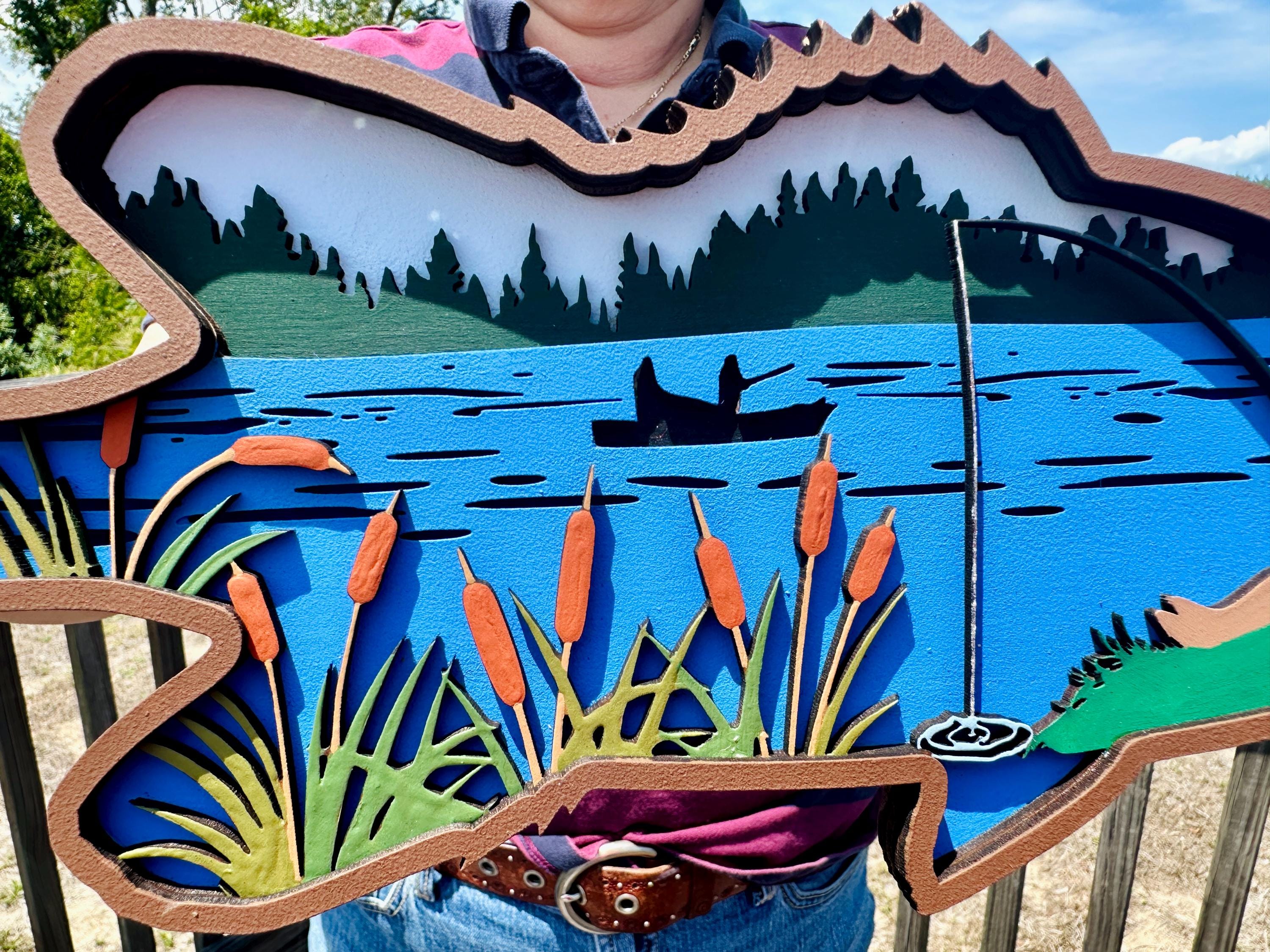 Wooden Fish Wall Art – Lake Fishing Scene Decor With Nature Silhouette ...