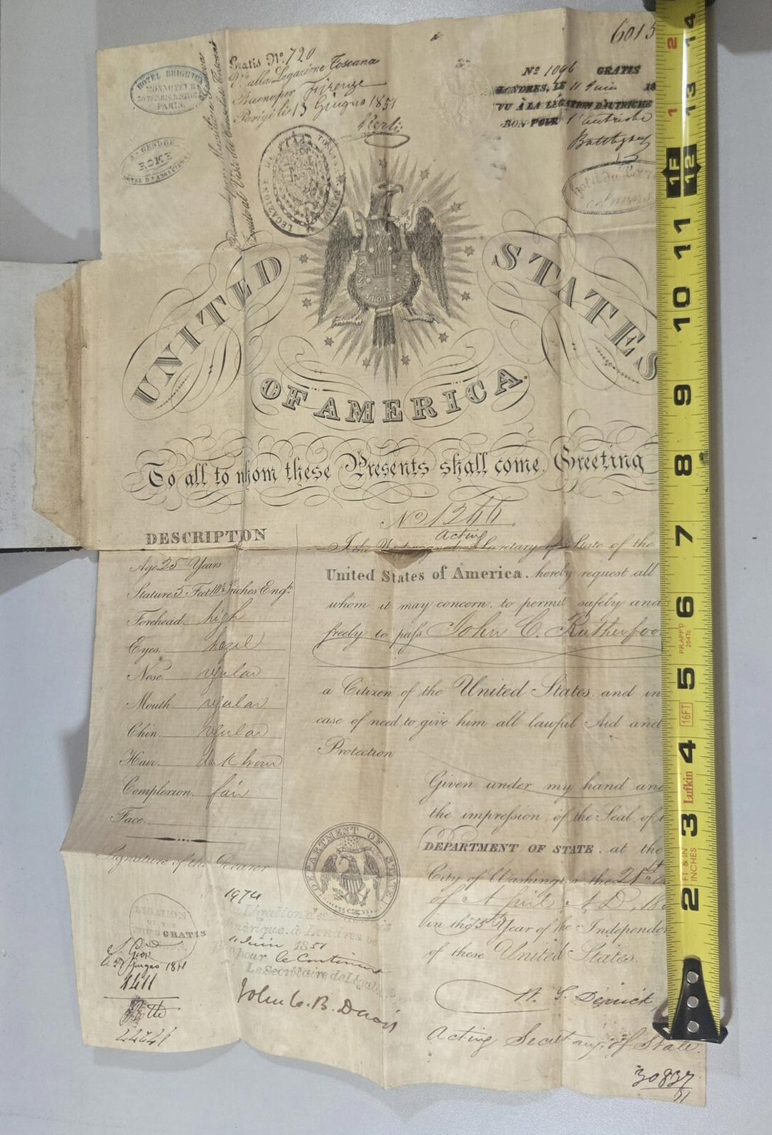 Rare 1851 Victorian Antique Pre Civil War Era #1066 US Travel Passport ...