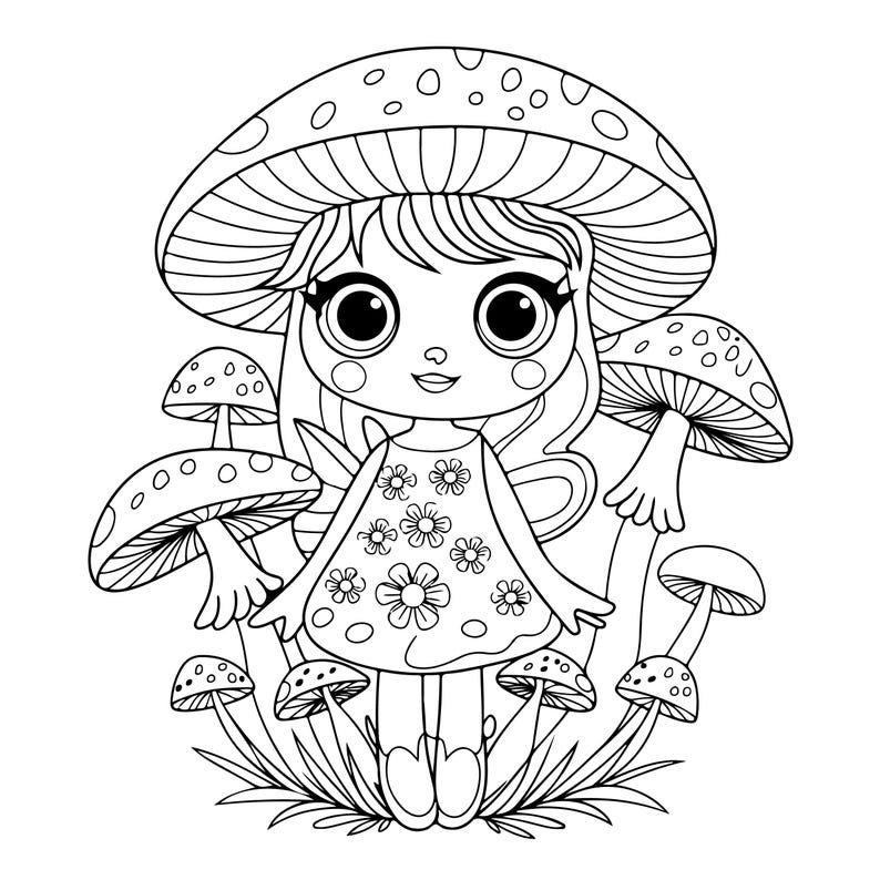 Mushroom Fairy Coloring Pages Printable PDF for Adults & Kids Whimsical ...