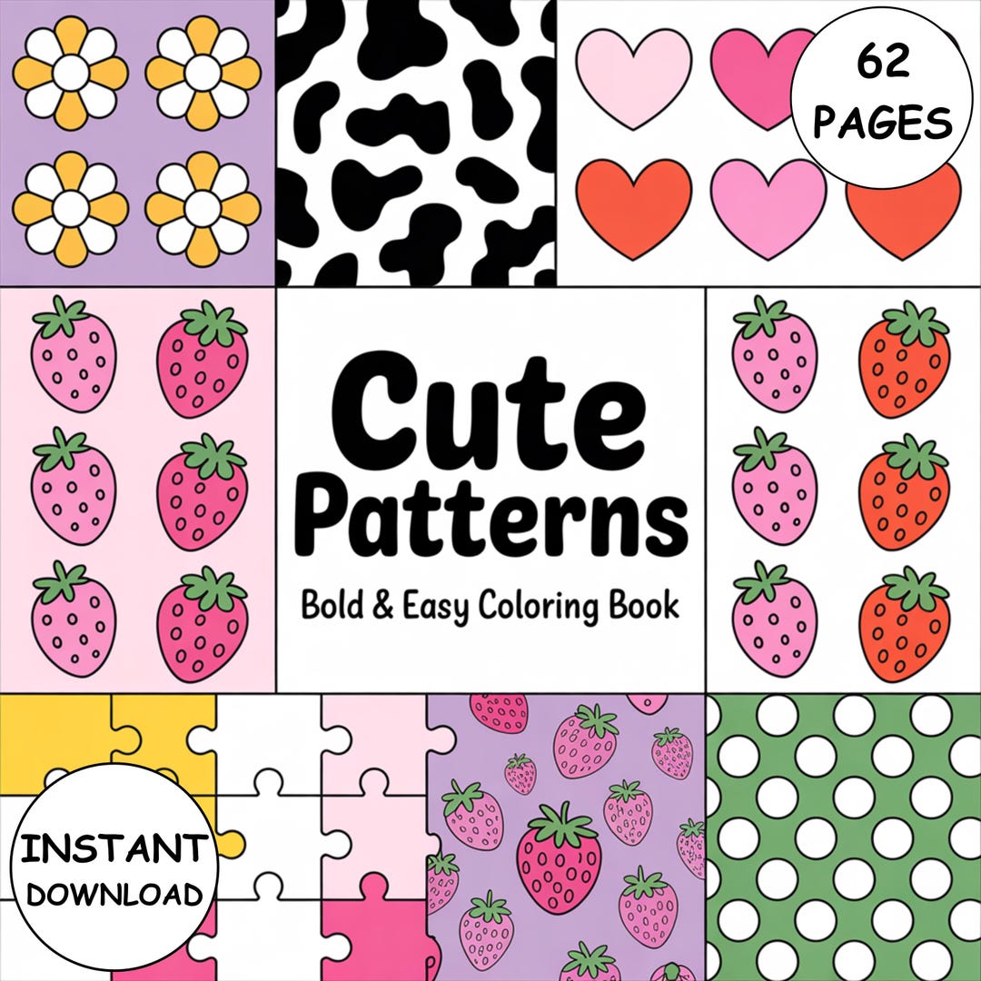 Cute Patterns Coloring Book 62 Bold & Easy Pages PDF Instant Download ...