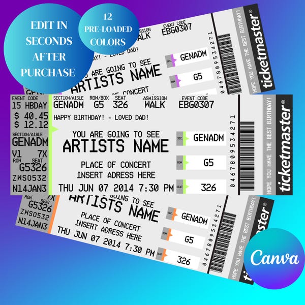Ticketmaster concert ticket template - Etsy México