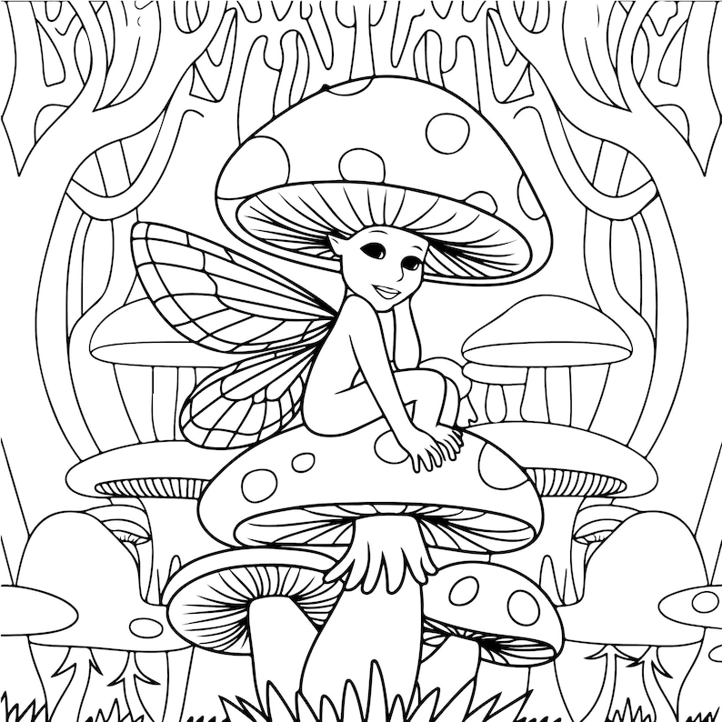 Mushroom Fairy Coloring Pages Printable PDF for Adults & Kids Whimsical ...