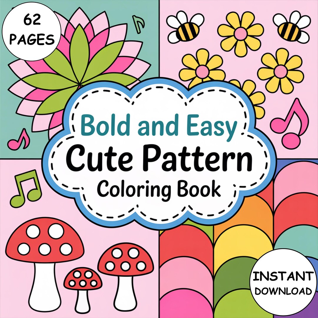 Cute Patterns Coloring Book 62 Bold & Easy Pages PDF Instant Download ...