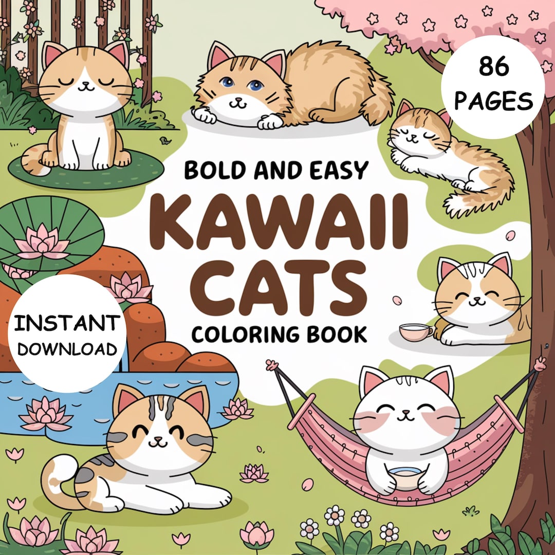Kawaii Cat Coloring Pages Cute & Cozy Printable Art PDF Digital ...