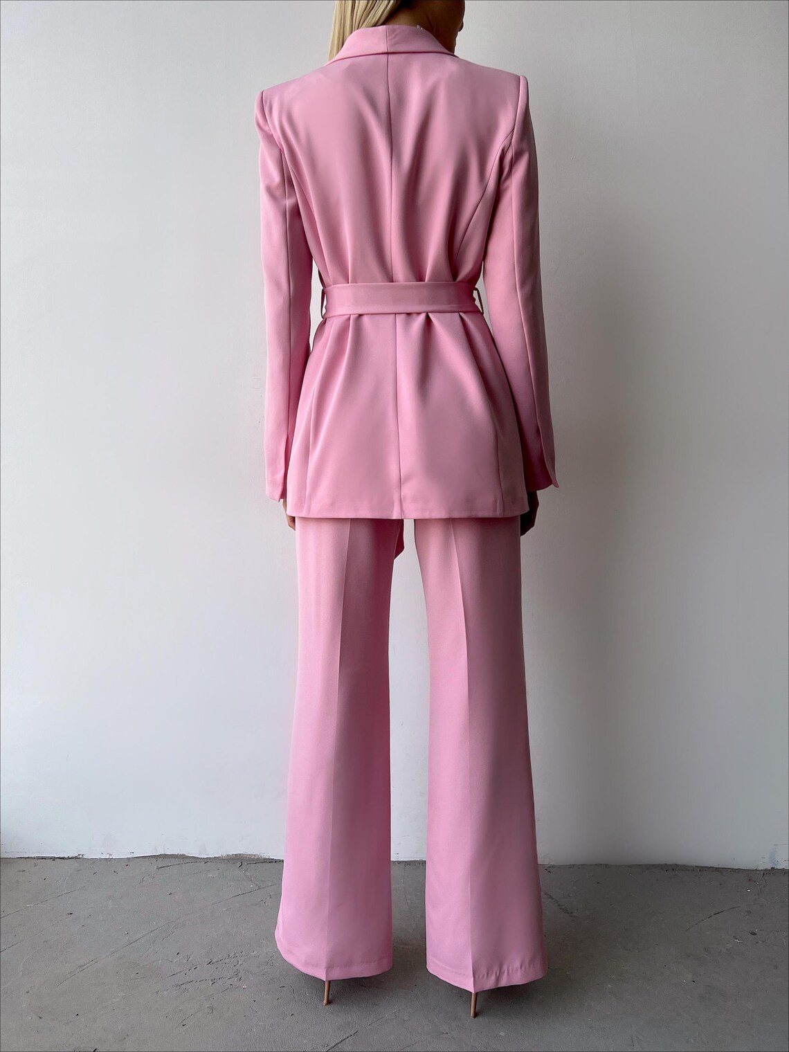 Pink Pantsuit for Women – 2 Piece Set With Belted Blazer & High Waist ...